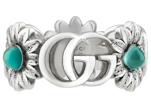 Gucci Double G Flower Ring With Blue Topaz Stones - Silver