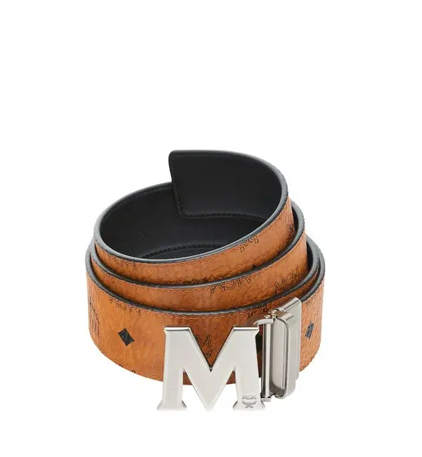 Mcm M Reversible Belt Visetos Antique Silver 1.75 - Cognac