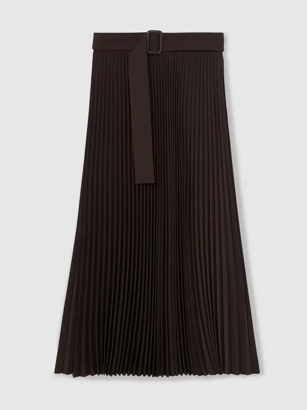 REISS Ava Pleated Midi Skirt - Chocolate Brown