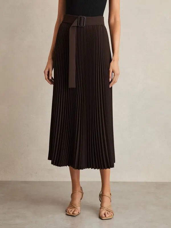 REISS Ava Pleated Midi Skirt - Chocolate Brown