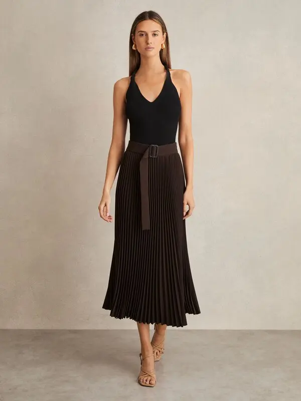 REISS Ava Pleated Midi Skirt - Chocolate Brown