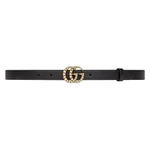 Gucci Thin Leather Belt With Pearl Double G Buckle - Black
