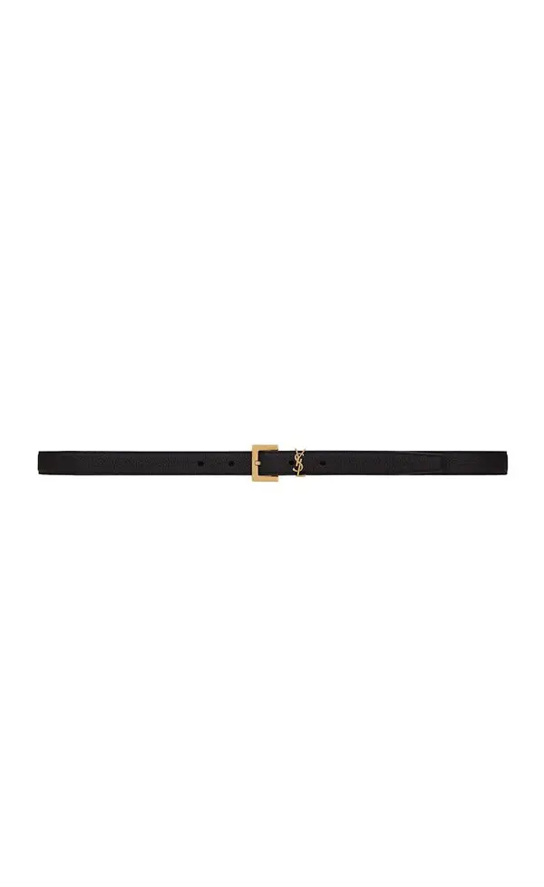 Saint Laurent Cassandre Thin Belt With Square Buckle In Grained Leather - Black
