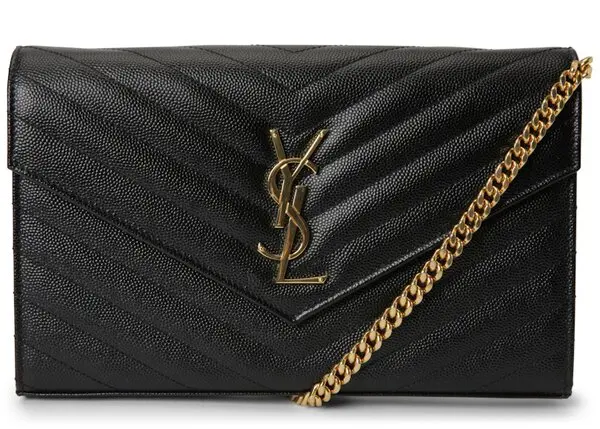 Saint Laurent Monogram Chain Wallet Matelasse Grain De Poudre Goldtone - Black