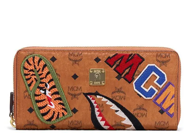 Mcm X Bape Shark Zip Around Wallet Visetos Large - Cognac