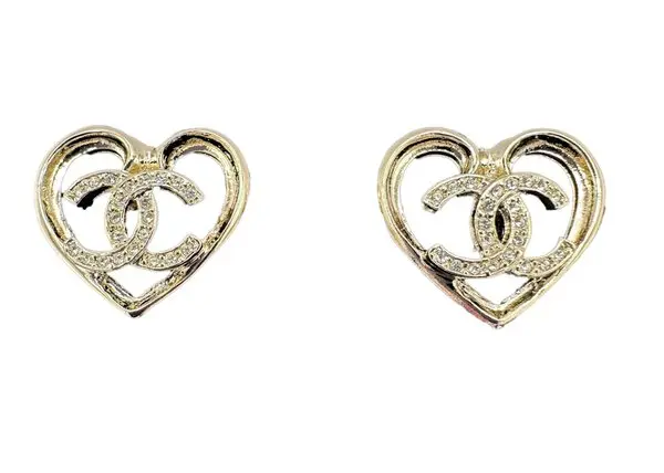 Chanel Cc Logo Heart Stud Earrings - Light Gold/crystal