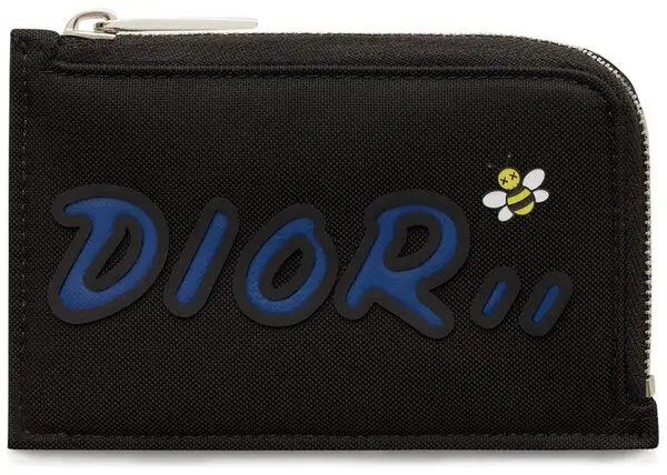 Dior X Kaws Zippered Card And Coin Holder Blue Logo Nylon - Black