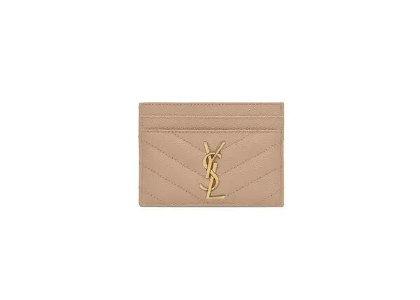 Saint Laurent Cassandre Matelasse Card Case In Grain De Poudre Embossed Leather - Dark Beige
