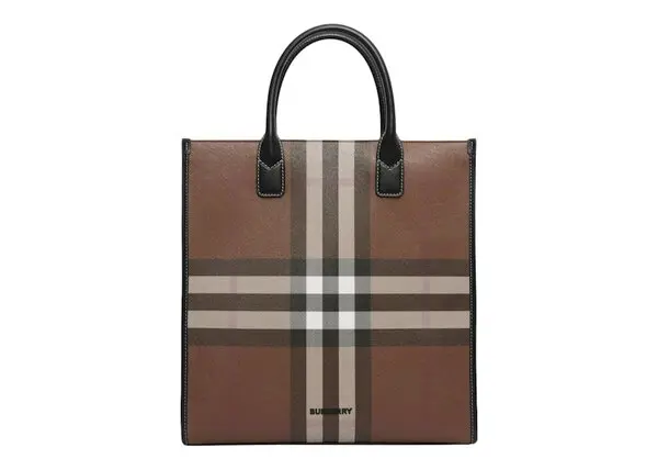 Burberry Exaggerated Check Slim Vertical Denny Tote - Dark Birch Brown/black