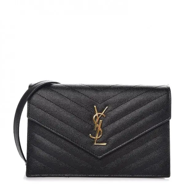 Saint Laurent Envelope Chain Wallet Matelasse Chevron Grain De Poudre - Black