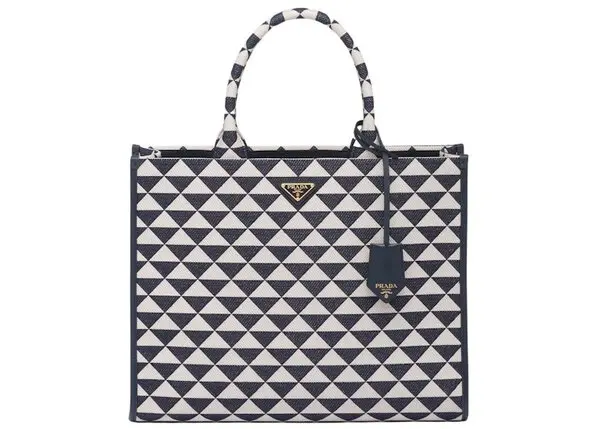 Prada Large Symbole Embroidered Fabric Handbag - Baltic Blue/chalk White