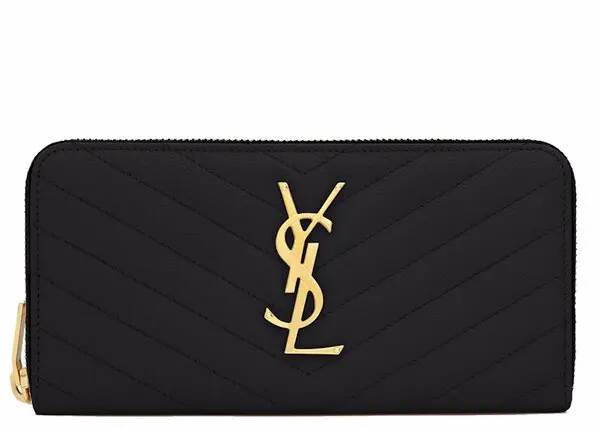 Saint Laurent Zip Around Wallet Large Monogram Grain De Poudre - Black