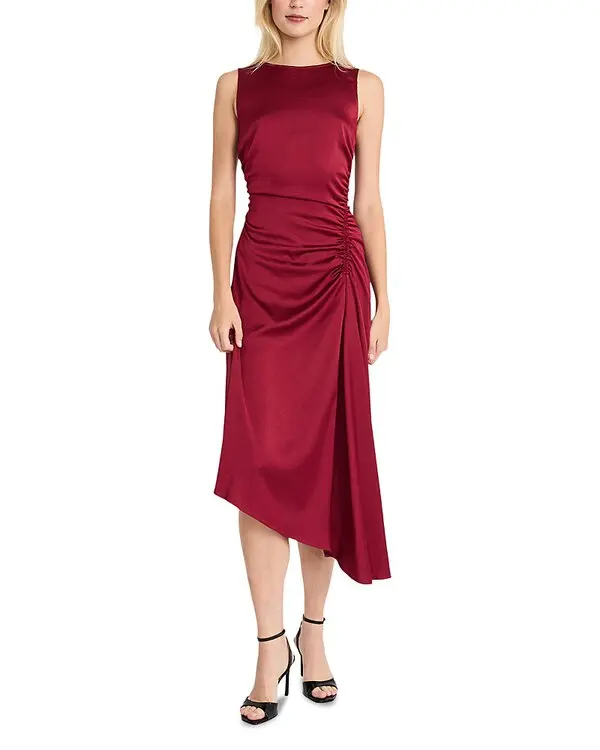 LUXELY Boat Neck Asymmetric Midi Dress - Red