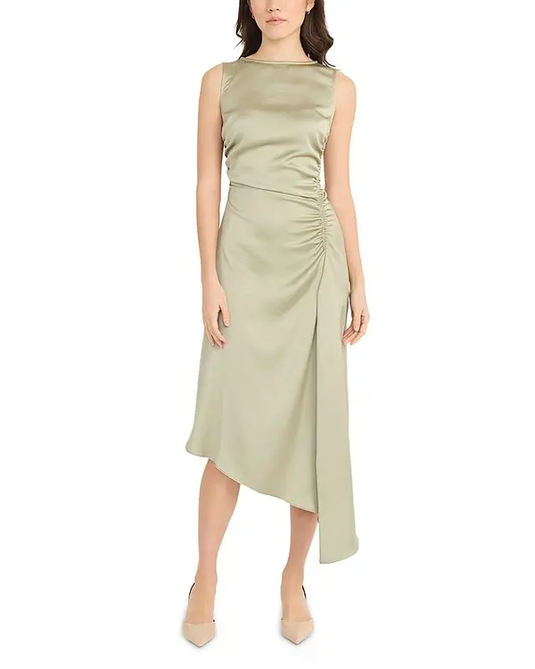 LUXELY Boat Neck Asymmetric Midi Dress - Tea