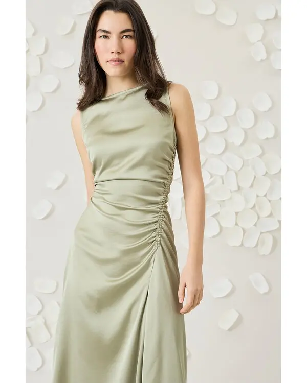 LUXELY Boat Neck Asymmetric Midi Dress - Tea