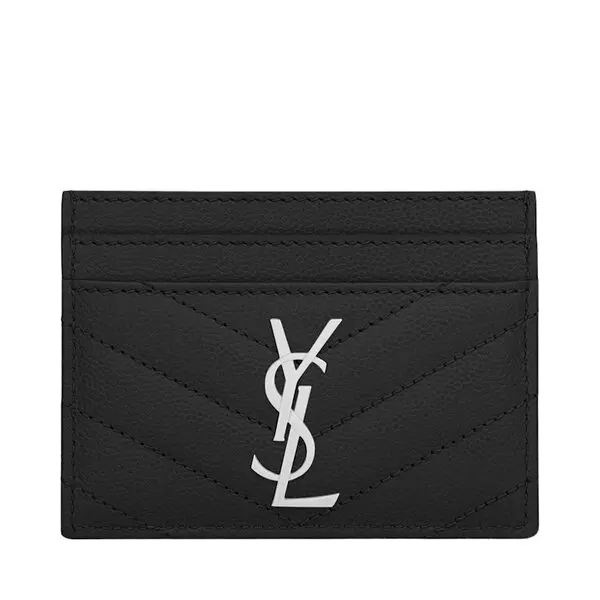 Saint Laurent Card Case Matelasse Grain De Poudre Silvertone - Black