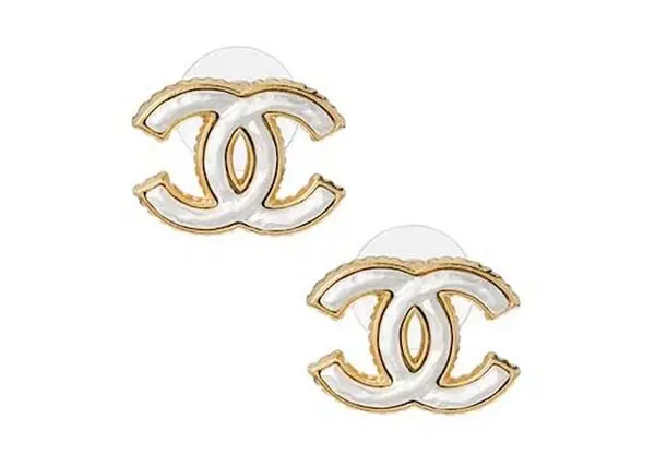 Chanel Cc Logo Stud Earrings - Gold/white (abb004)