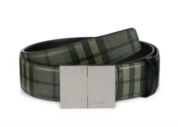 Burberry Check Plaque Leather Belt - Military Green