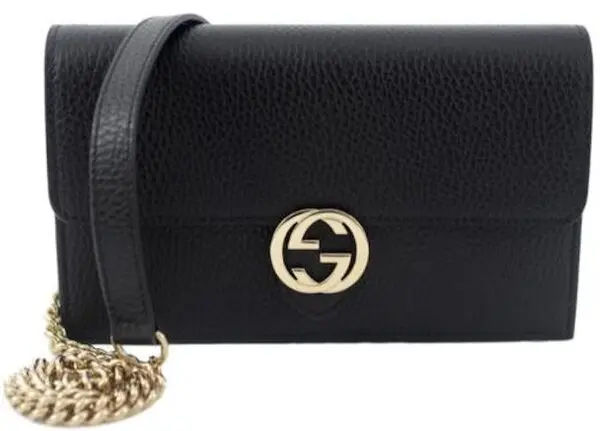 Gucci Interlocking Chain Wallet Pebbled Leather - Black