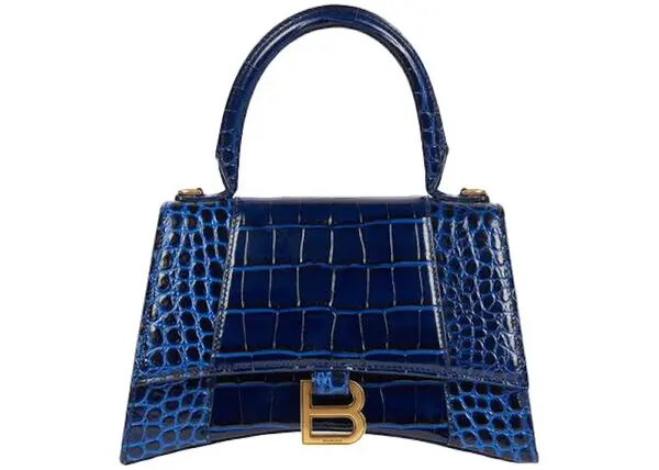 Balenciaga Hourglass Small Top Handle Bag Crocodile Embossed - Navy Blue