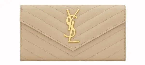 Saint Laurent Monogram Flap Wallet Matelasse Grain De Poudre Large - Powder