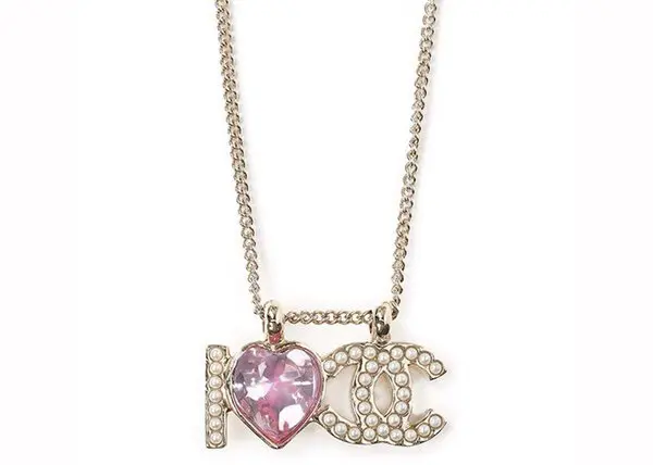 Chanel Crystal Heart Logo Necklace - Gold/pink (ab8709)