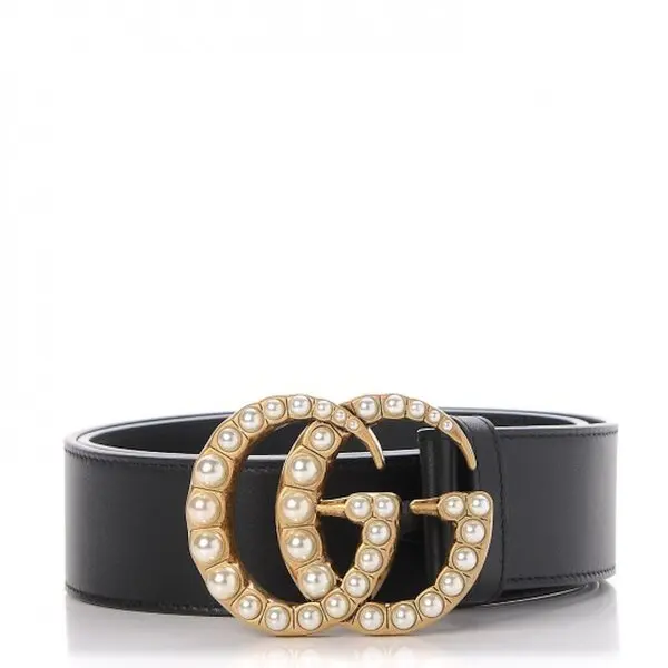 Gucci Double G Wide Leather Belt With Pearl Buckle - Black