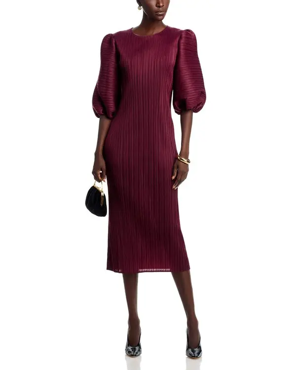 NANCY YANG Puff Sleeve Crinkled Dress - Wine