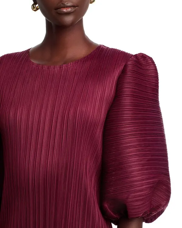 NANCY YANG Puff Sleeve Crinkled Dress - Wine