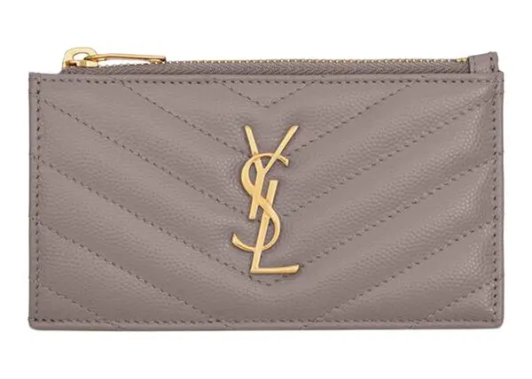 Saint Laurent Cassandre Matelasse Zipped Fragments Card Case De Poudre Embossed - Fog