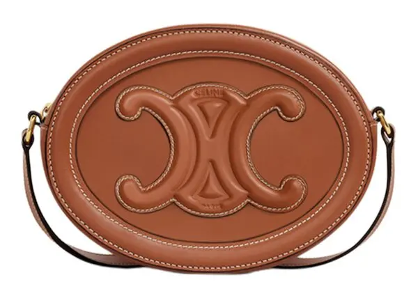 Celine Triomphe Embroidery Oval Crossbody Purse - Tan