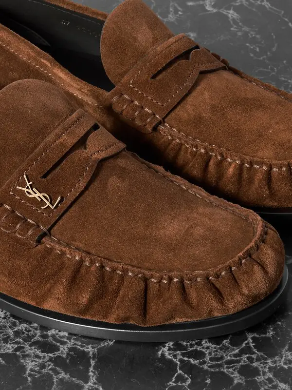 Saint Laurent Logo-embellished Suede Penny Loafers - Brown