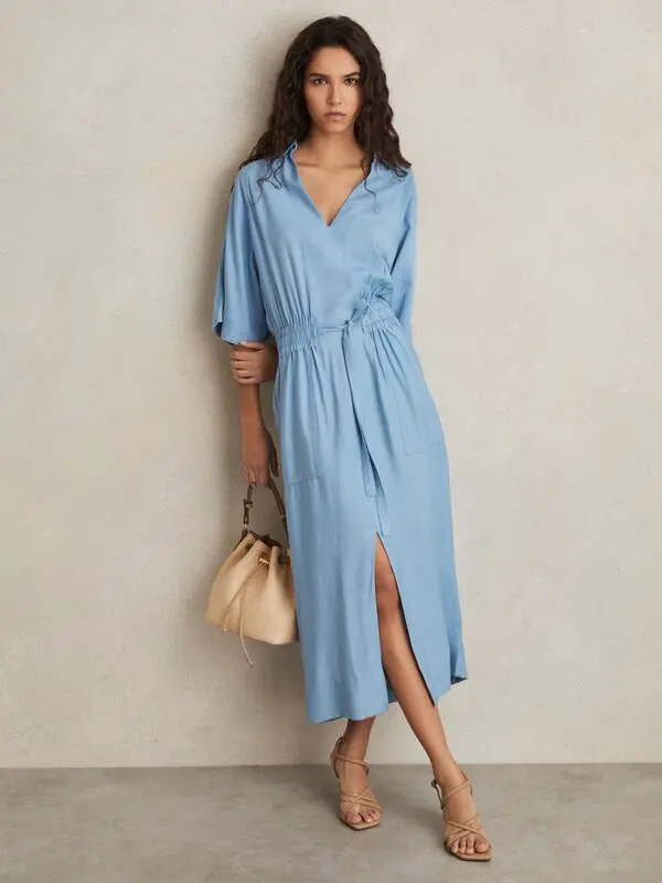 REISS Cecilia Shirred-waist Midi Shirt Dress - Blue