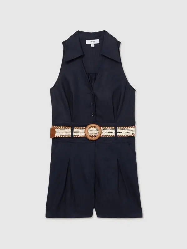 REISS Anjie Linen Belted Collar Playsuit