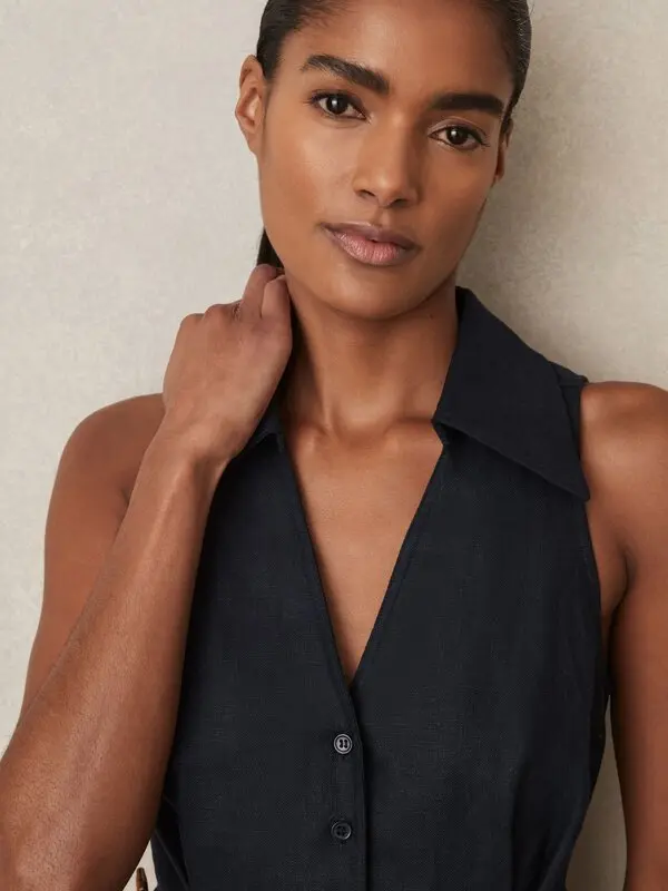 REISS Anjie Linen Belted Collar Playsuit