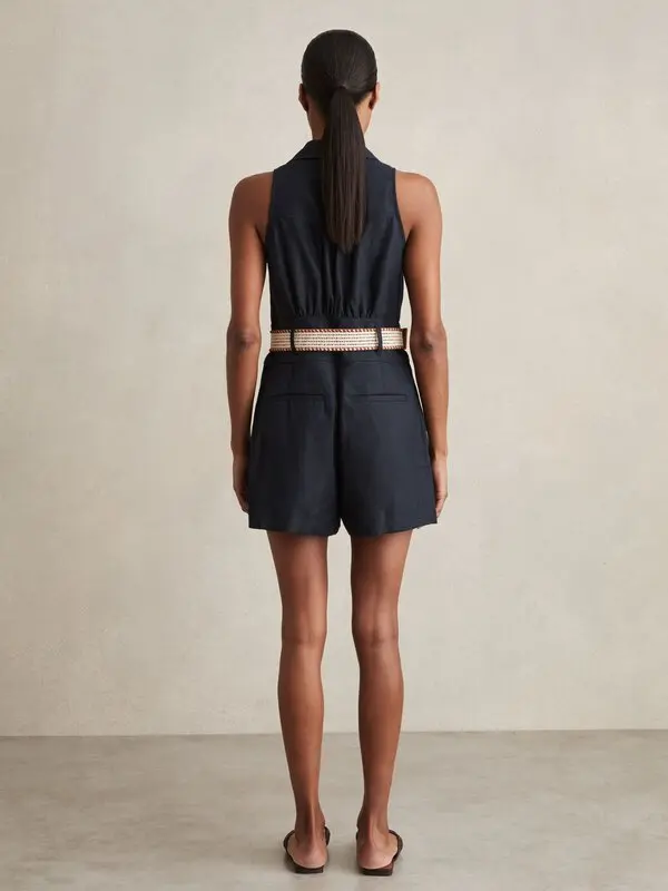 REISS Anjie Linen Belted Collar Playsuit