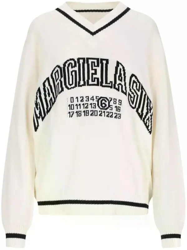 MAISON MARGIELA Logo-knit V-neck Jumper - White