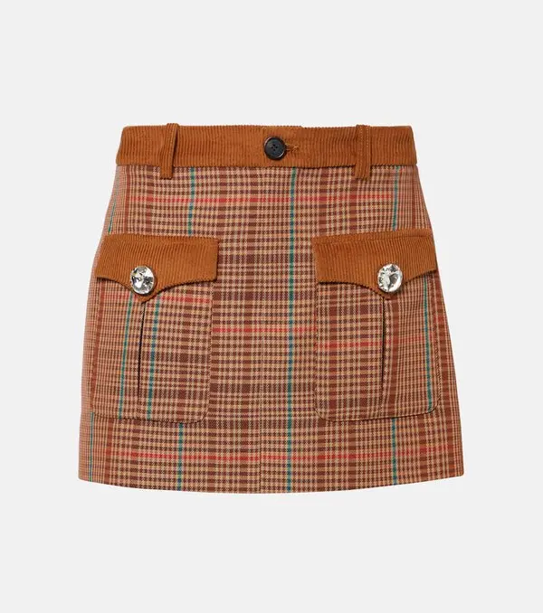 AREA Checked Wool-blend Miniskirt - Brown
