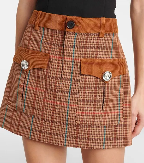 AREA Checked Wool-blend Miniskirt - Brown
