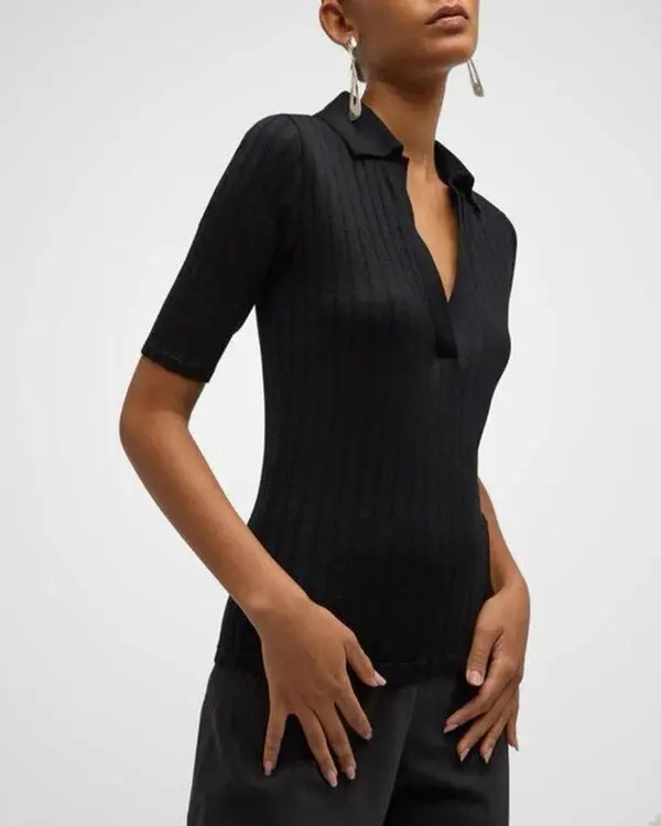 Vince Elbow-sleeve Silk Rib Polo Shirt - Onyx
