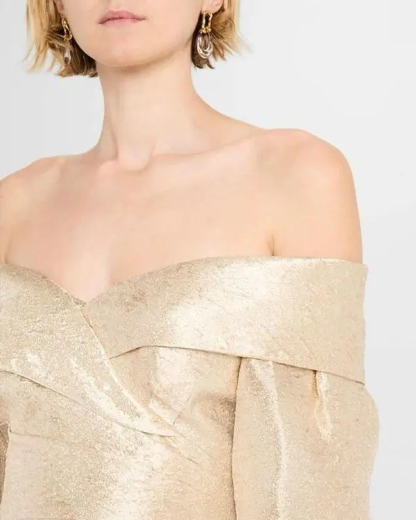 Rickie Freeman For Teri Jon Off-shoulder Metallic Jacquard Gown - Gold