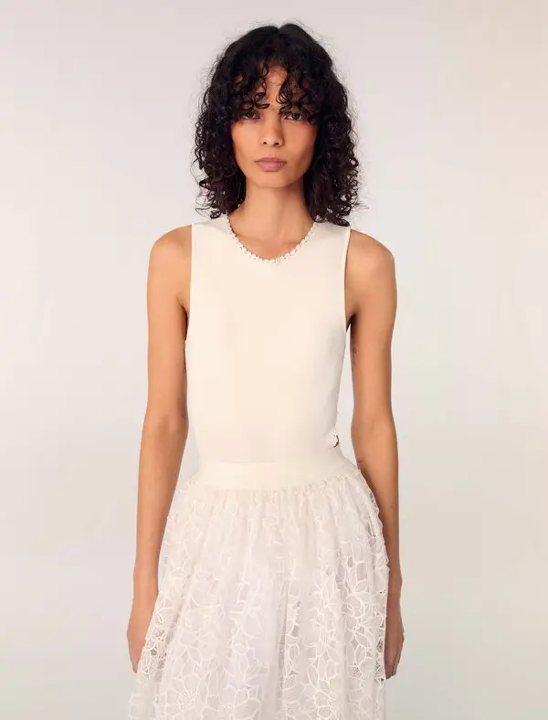 Maje Rib Knit Bodysuit With Openwork Trim