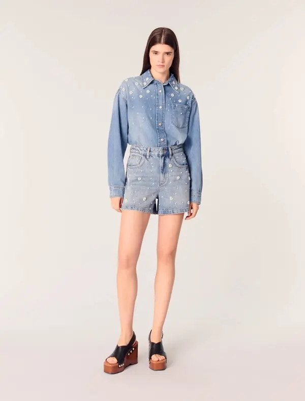 Maje Embellished Denim Shorts