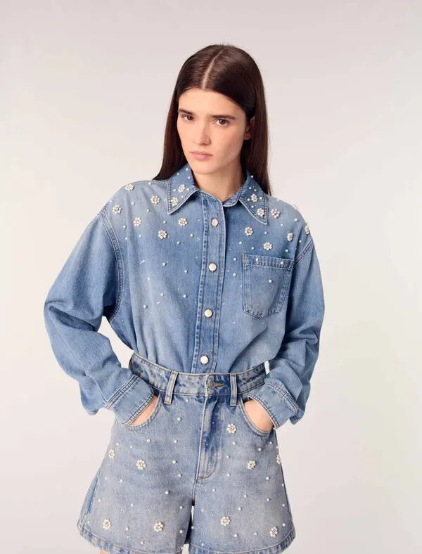 Maje Embellished Denim Shorts