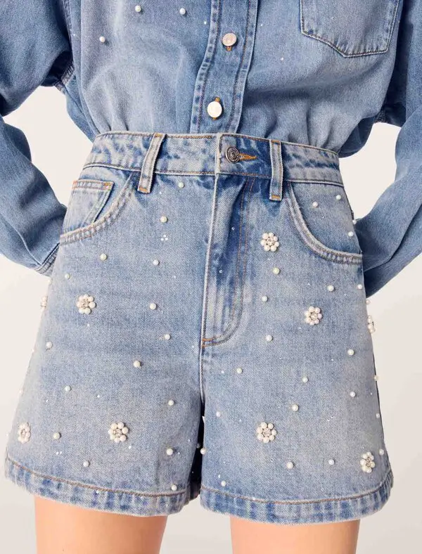 Maje Embellished Denim Shorts