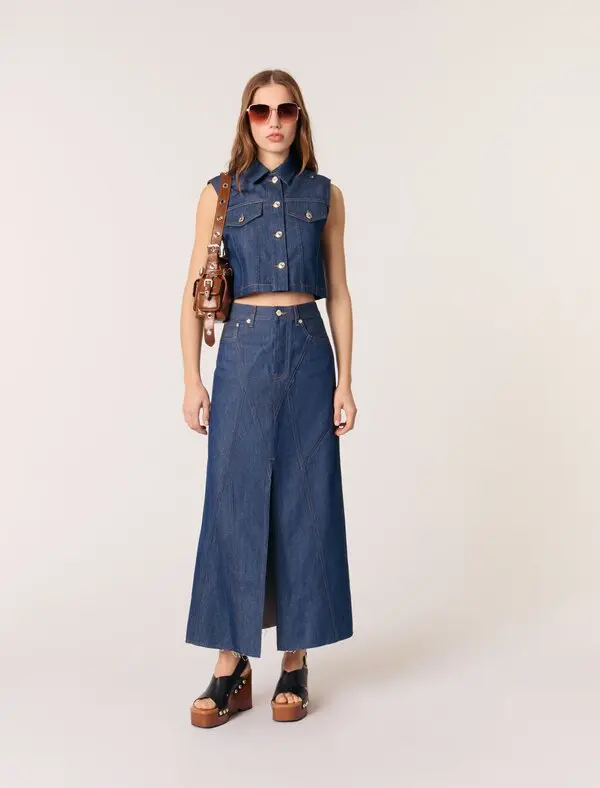 Maje Cotton Denim Cropped Sleeveless Jacket