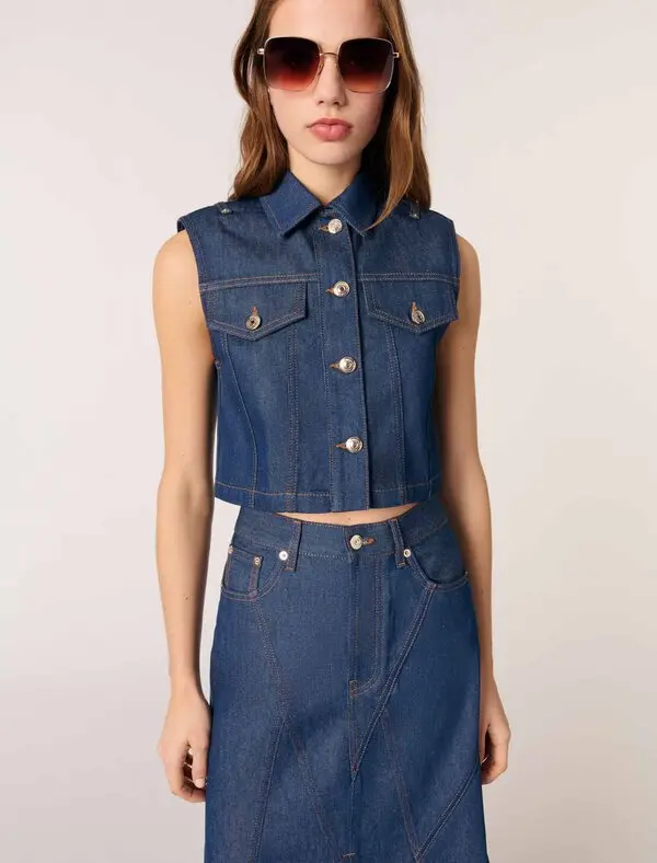 Maje Cotton Denim Cropped Sleeveless Jacket