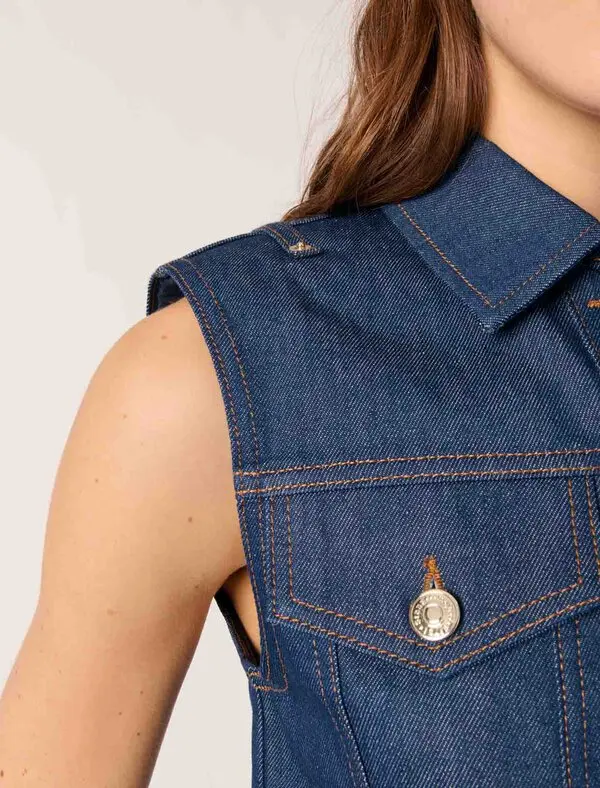 Maje Cotton Denim Cropped Sleeveless Jacket