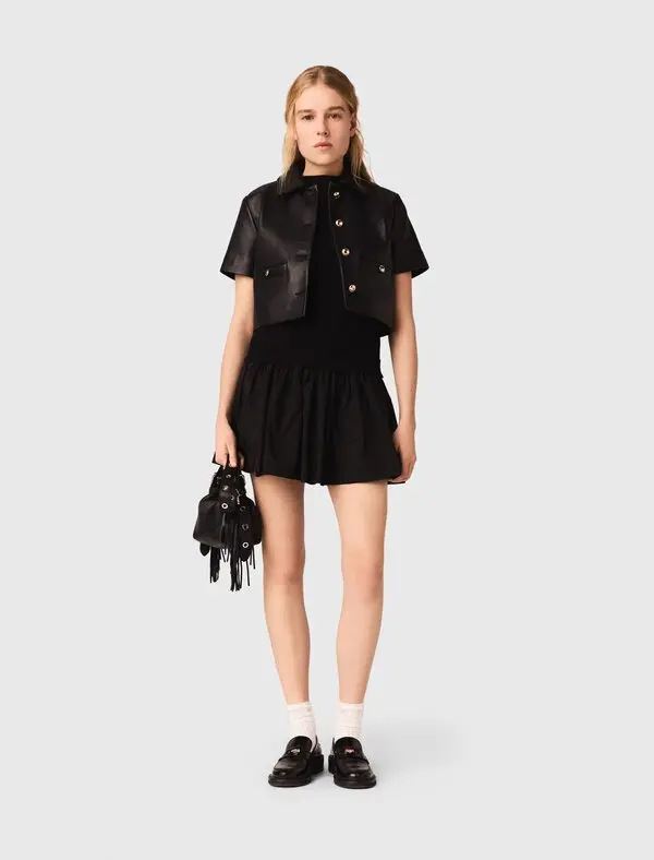 Maje Cropped Leather Jacket With Gold Button Embellishments - Black