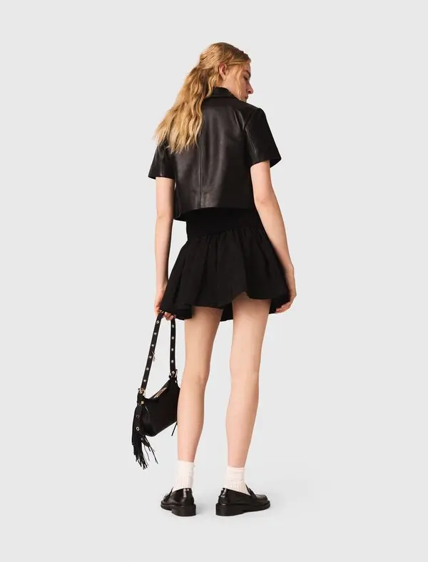 Maje Cropped Leather Jacket With Gold Button Embellishments - Black